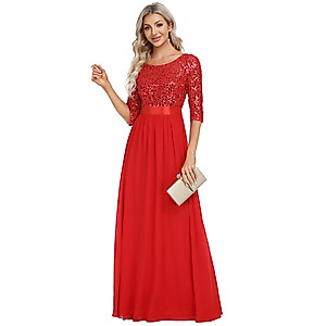 Ever-Pretty Women's Elegant A Line Crew Neck Half Sleeve Sequin Maxi Evening Dress Red US10