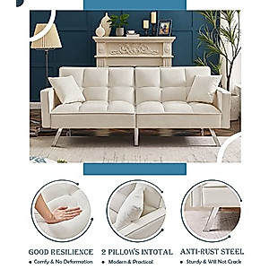 Convertible Velvet Futon Sofa Bed, Modern Sleeper Sofa with 2 Pillows, 3 Adjustable Angles for Backrest, Living Room Couch with 5 Sturdy Metal Legs, Upholstered Loveseat for Home, Office, White