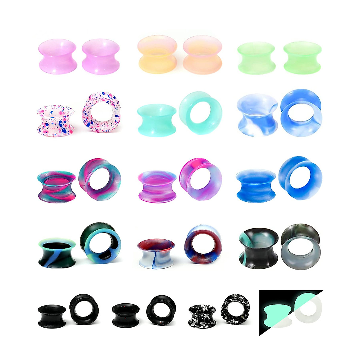 WYR 32PCS Hollow Double Flared Hard Silicone Ear Tunnels and Plugs Ear Gauges Expander Stretcher Body Piercing Jewelry 0g(8mm)