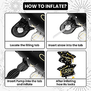 KatchOn, Black and Gold Graduation Hat Balloon - Big, 32 Inch, Pack of 4 | Congrats Grad Balloons | Graduation Balloons Class of 2024, Graduation Cap Balloon | Graduation Decorations Class of 2024