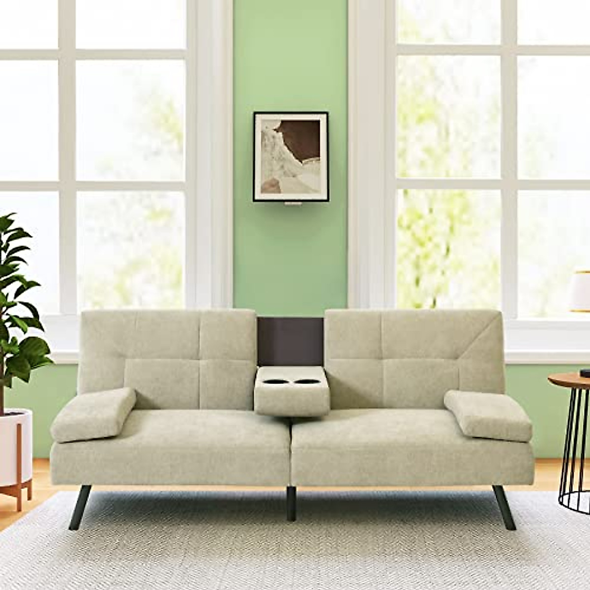 Opoiar Futon Sofa Bed, Modern Convertible Armrests Sleeper Couch with 2 Cup Holders,Loveseats Couch for Compact Space,Studio,Apartment,Office,Living Room,Bed Room,Sage Grey (800LBS)