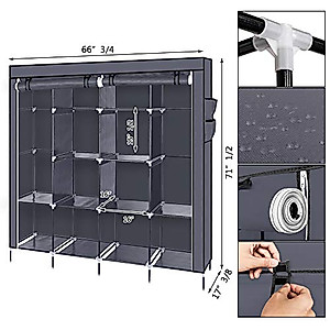 Knocbel 67" Tall Freestanding Closet Organzier Clothes Garment Rack Dustproof & Waterproof Fabric Cover with Storage Shelves 2 Hanging Rods & 4 Side Pockets (Gray)