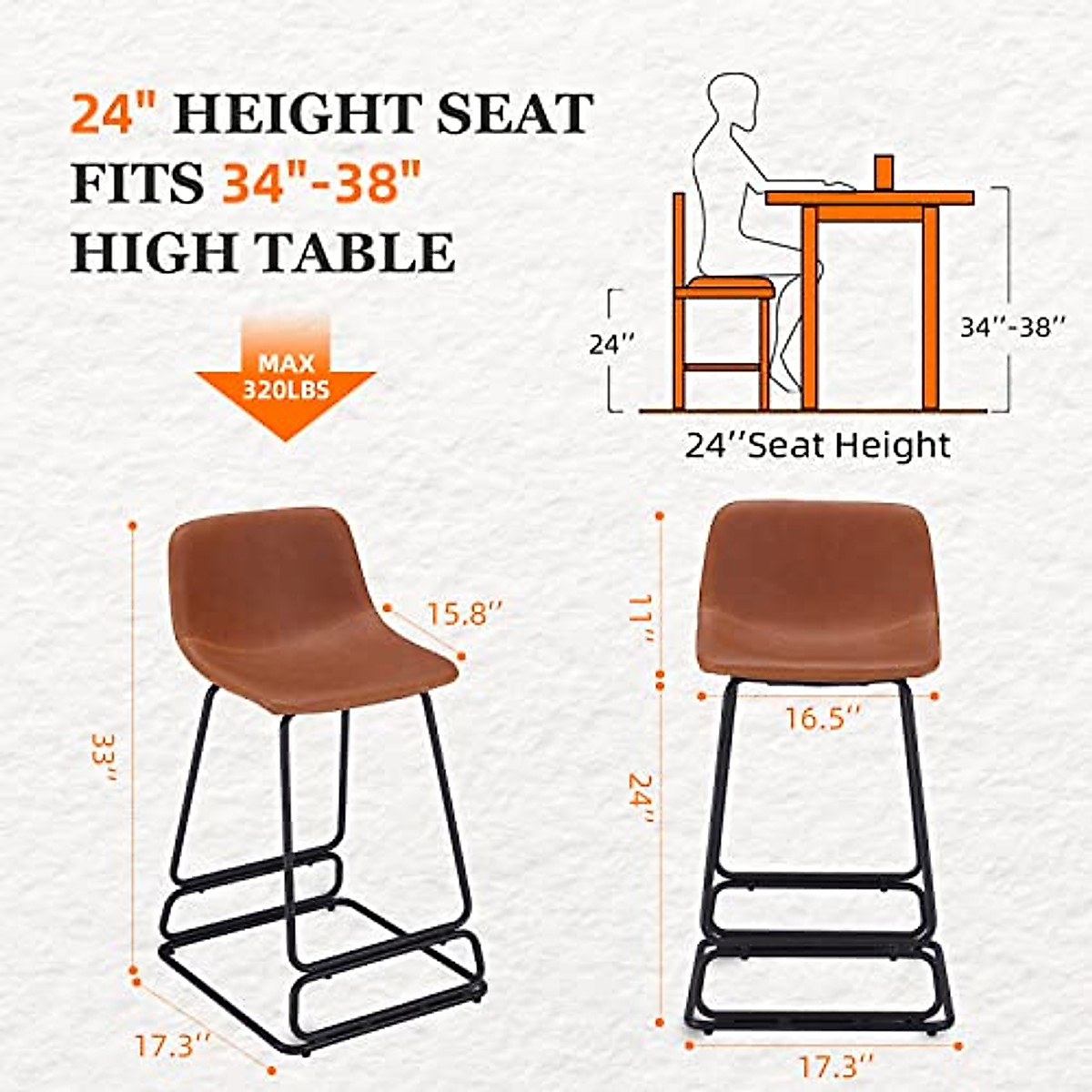 Counter Stools Industrial Faux Leather Bar Stools Set of 2,Urban Armless Dining Chairs with Metal Legs Modern Counter Height Barstools for High Desk Home Office Restaurants,24"