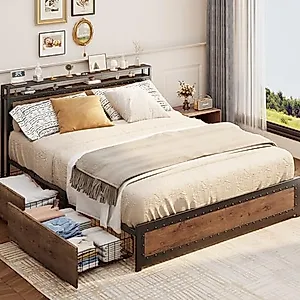 Gizoon Queen Bed Frame with Storage Headboard, 15 Iron Slats, Solid and Stable, Large Underbed Storage, No Box Spring Needed, Easy Assembly