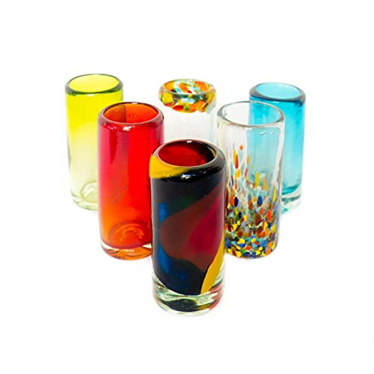 Mexican Tequila Shot Glasses - Set of 6 Large Shot Glasses Pretty Novelty Design Multicolor Recycled Glassware Set Unique Artisan Crafted Dishwasher Safe Hand Blown 2 oz