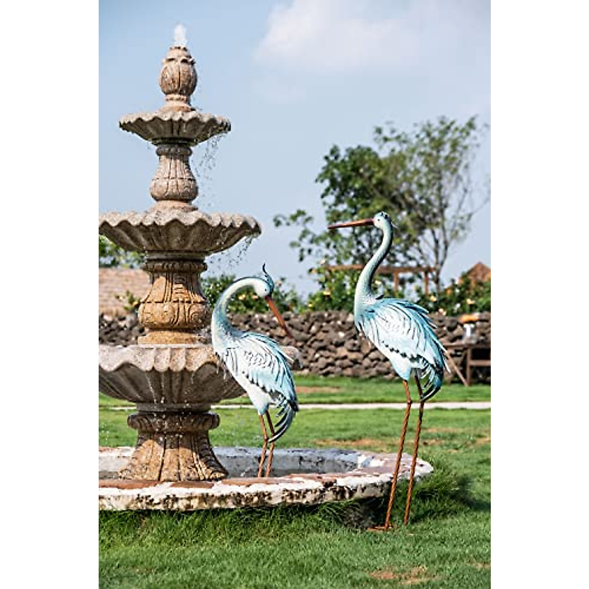 TERESA'S COLLECTIONS Large Blue Heron Garden Statues, 41.7-43.7 inch Standing Crane Sculpture Metal Yard Art Bird Decor Lawn Ornaments for Outdoor Patio Porch Outside Decorations, Set of 2
