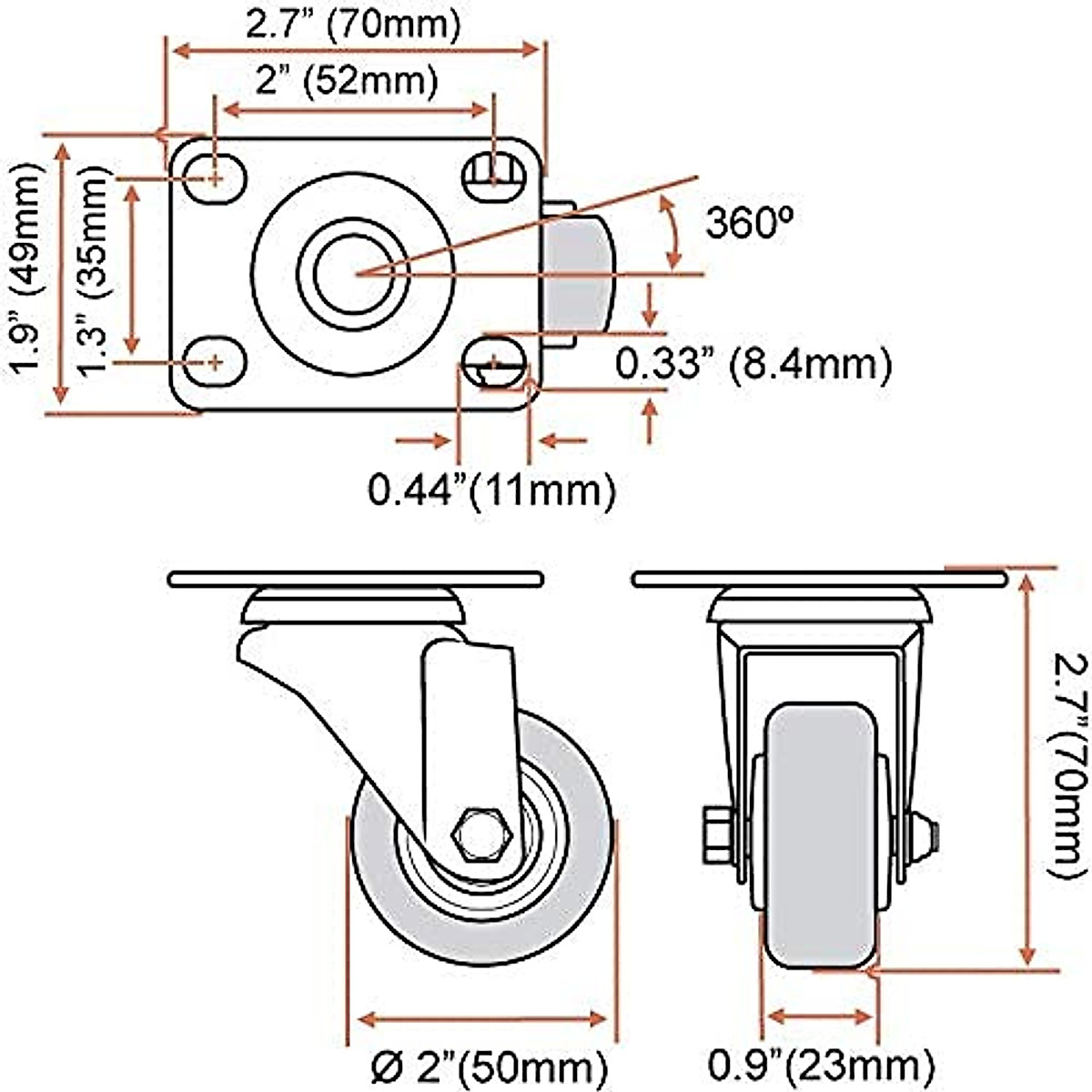 Online Best Service 24 Pack Swivel 2" Caster Wheels Rubber Base with Top Plate & Bearing Heavy Duty (24 Pack Without Brake)