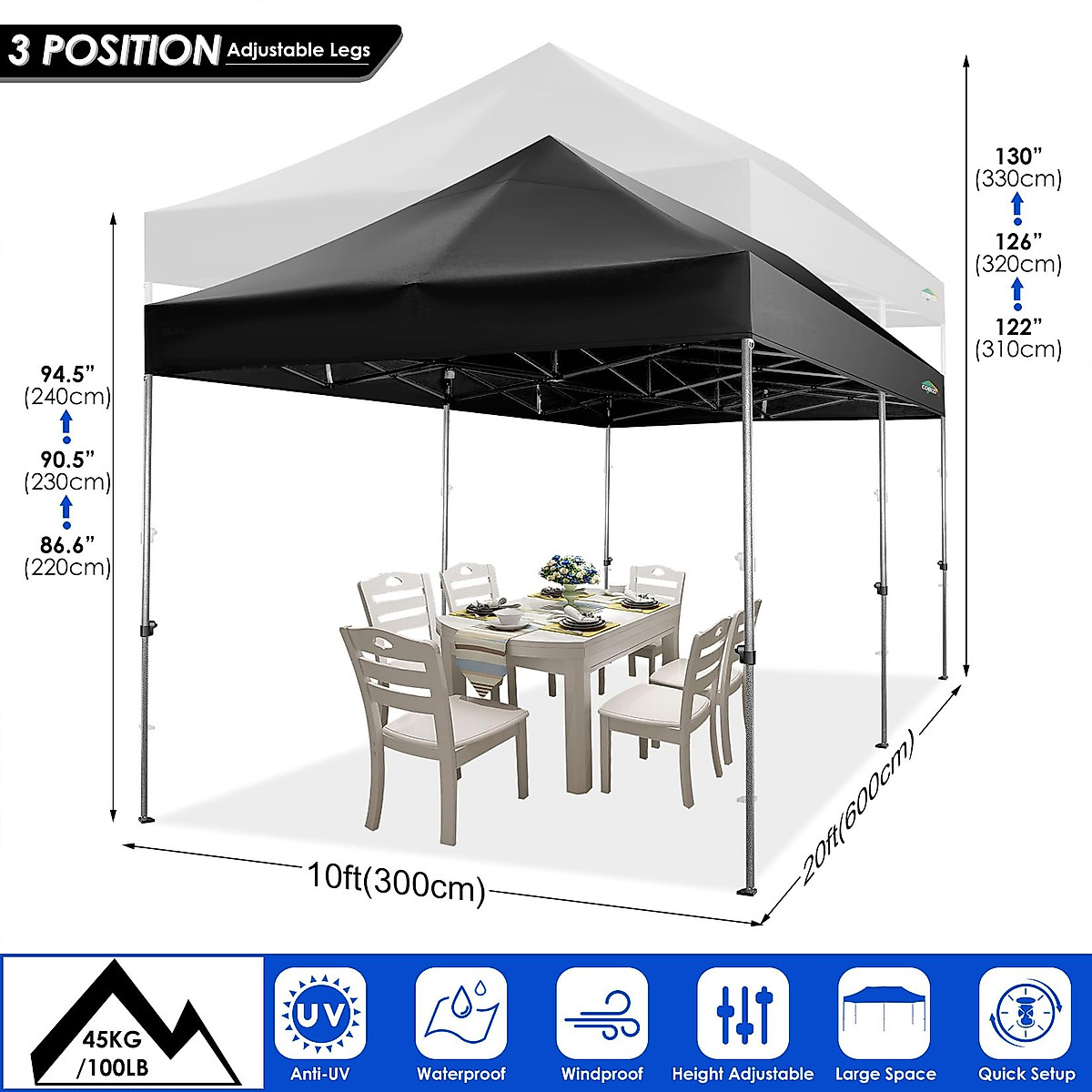 COBIZI 10x20 Heavy Duty Pop up Canopy Tent with 6 sidewalls Easy Up Commercial Outdoor Canopy Wedding Party Tents for Parties All Season Wind & Waterproof Gazebo with Roller Bag,Black(Frame Thickened)