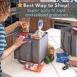 Reusable Grocery Bags (3 Pack) – Heavy Duty Reusable Shopping Bags with Box Shape to Stand Up, Stay Open, Fold Flat – Large Tote Bags with Long Handles & Reinforced Bottom – Gray