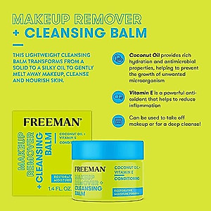Freeman Restorative Makeup Remover + Cleansing Balm, Moisturizing & Conditioning, Coconut Oil & Vitamin E, Lightweight Formula Gently Removes Makeup & Cleanses Skin, 1.4 fl.oz. Jar, 1 Count