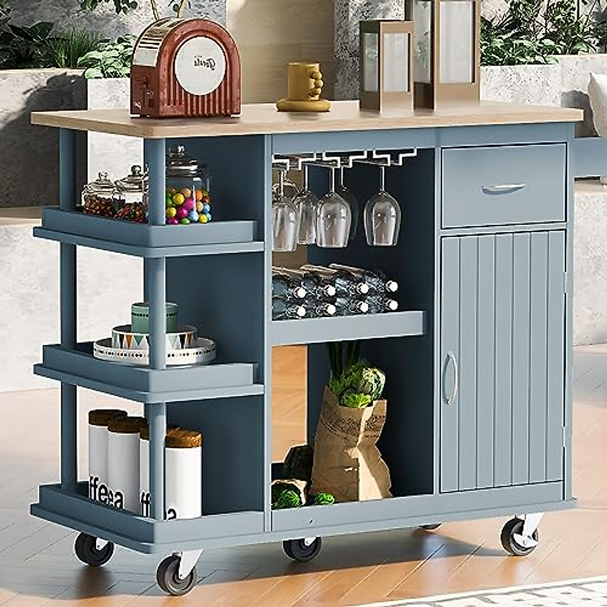 TOCLIU Bar Cart, Serving Cart Microwave Cart, Drink Cart, Mobile Kitchen Shelf with Wine Rack and Glass Holder, Rolling Beverage Cart for Home (Blue)