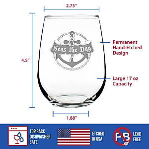 Seas the Day - Stemless Wine Glass - Funny Beach Themed Decor and Gifts for Ocean Lovers - Large 17 Oz Glasses