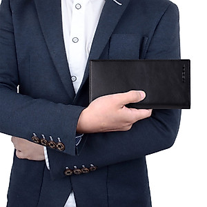 VISOUL Men's Leather Long Bi-fold Checkbook RFID Blocking Wallets, Breast Pocket Tall Billfold Secretary Wallet for Men with 12 Card Slots (Black and Orange)