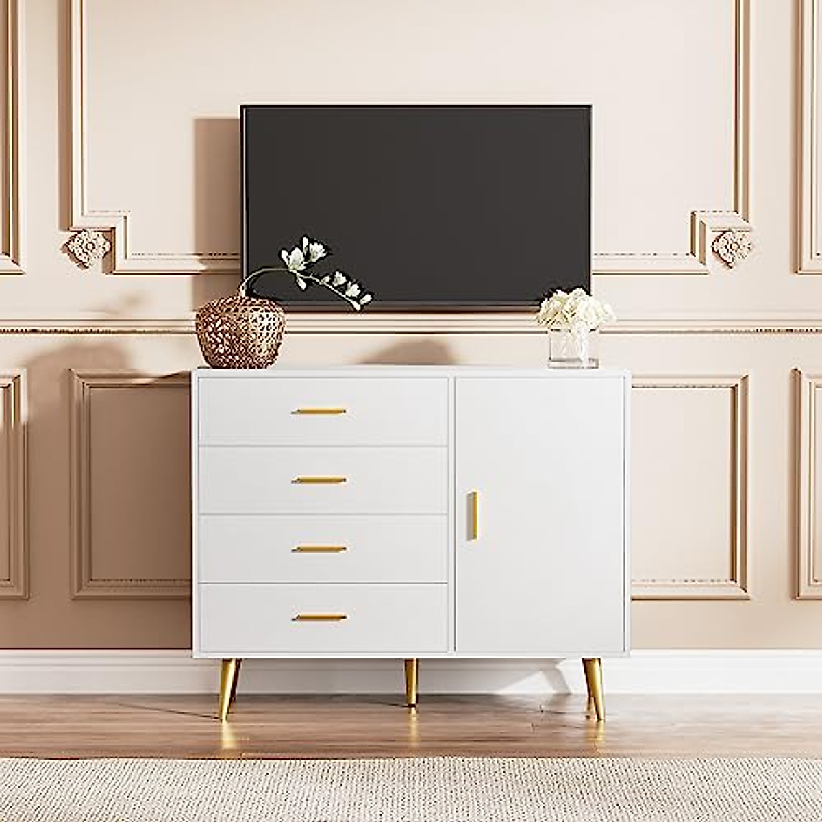 LYNSOM White Storage Cabinet with 4 Drawers, Free Standing Sideboard Cabinet with Door and Shelf, Printer Stand for Home Office, Accent Cabinet for Living Room, Bedroom, Entryway, Hallway