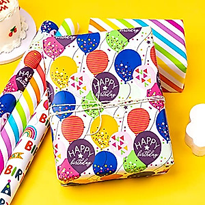 WRAPAHOLIC Birthday Wrapping Paper Roll - Mini Roll - 3 Rolls - 17 Inch X 120 Inch Per Roll - Colorful Balloons, Stripes, Happy Birthday for Party, Celebration, Baby Shower