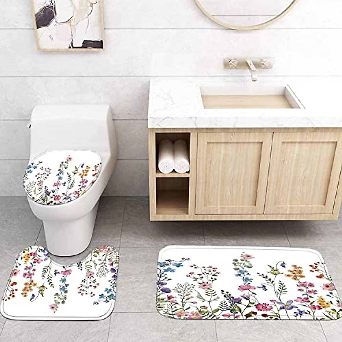 DDQQ 4Pcs Flower Shower Curtain Set with Non-Slip Rugs, Toilet Lid Cover and Bath Mat, Colorful Floral Shower Curtain with 12 Hooks, Waterproof Watercolor Boho Bath Curtain for Bathroom Decor