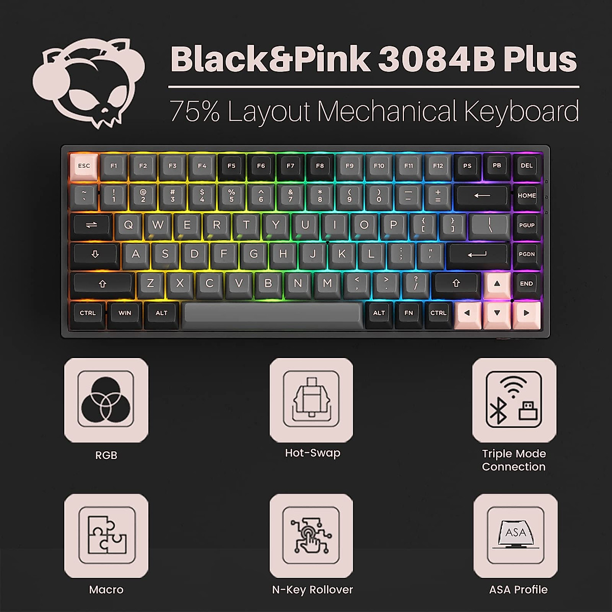 Akko Black&Pink 75% Hot-swappable Mechanical Gaming Keyboard with PBT Keycaps, 2.4G Wireless/Bluetooth/Wired 3084B Plus 84-Key RGB Keyboard, Compatible with Mac & Win Jelly Purple Switches