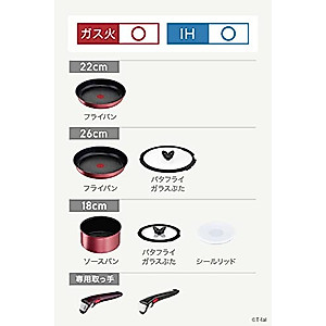 T-fal L38395APlus1 Ingenio Neo IH Rouge Unlimited Pot and Frying Pan Set, 7-Piece Set + 1 Handle, Compatible with Induction Gas Stoves, Non-Stick, Red