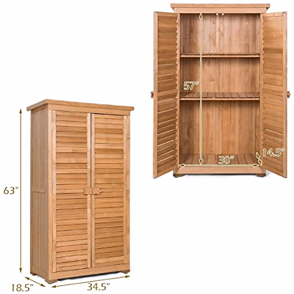 GRAFFY Outdoor Wooden Storage Shed, Garden Tools Cabinet with Shutter Design, Wooden Storage Cabinet with Tilted Asphalt Roof, for Garden, Yard, Patio
