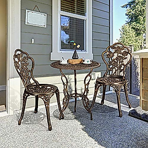 Yaheetech 3-Piece Outdoor Bistro Set w/Rose Design, Rust-Resistant Cast Aluminum Table and Chairs w/Umbrella Hole for Balcony Backyard Garden