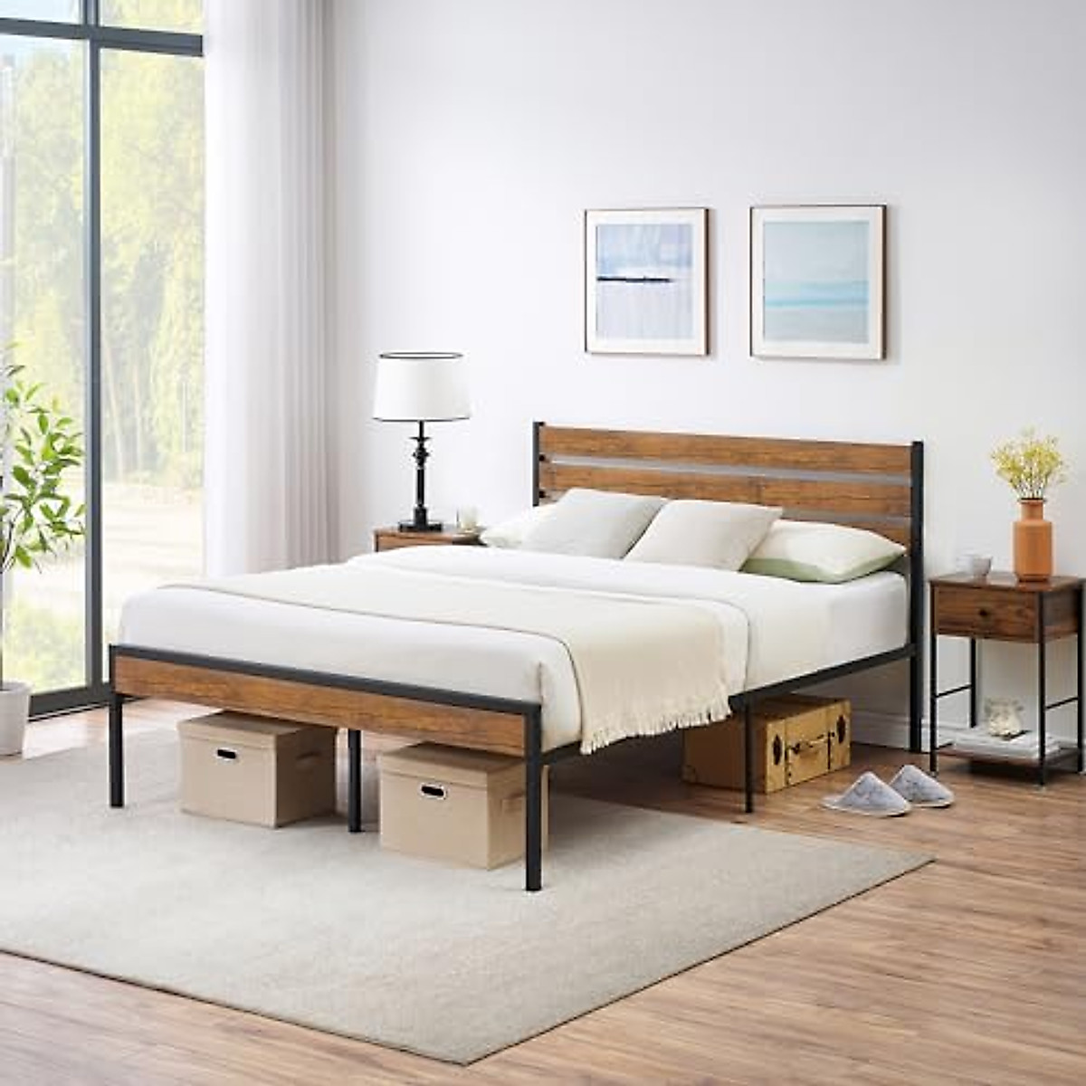 coucheta Queen Bed Frame,Queen Bed Frame with Wooden Headboard and Footboard, Platform Bed Frame with Storage, Strong Metal Slats Support, No Box Spring Needed,Brown