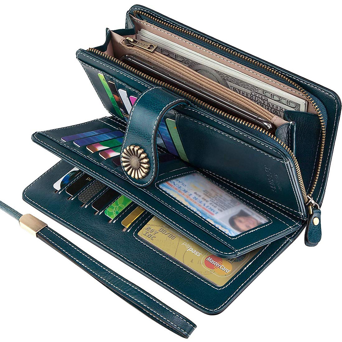 KELEEL Women's RFID Blocking Wallet Genuine Leather Clutch Wallet Card Holder Organizer Ladies Purse (Blue)