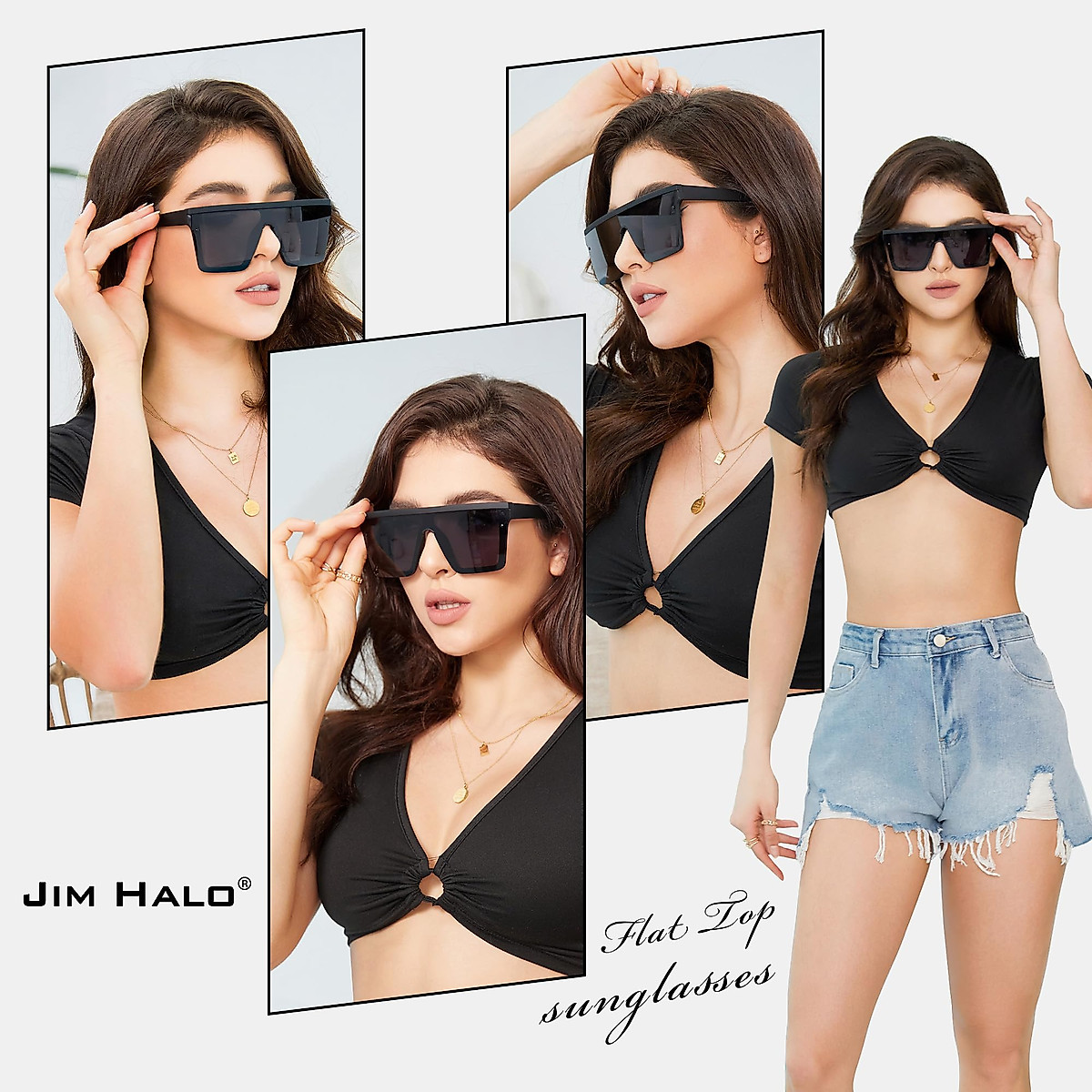 JIM HALO Flat Top Shield Sunglasses Square Mirror Rimless Glasses for Women Men (Black Frame/Mirror Purple Lens)