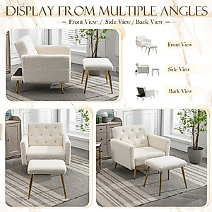 KINFFICT Velvet Accent Sofa Chair with Ottoman, Upholstered Comfy Lounge Armchair with Adjustable Armrests and Backrest, Living Room Single Recliner with Tufted Button Back, Cream White Teddy