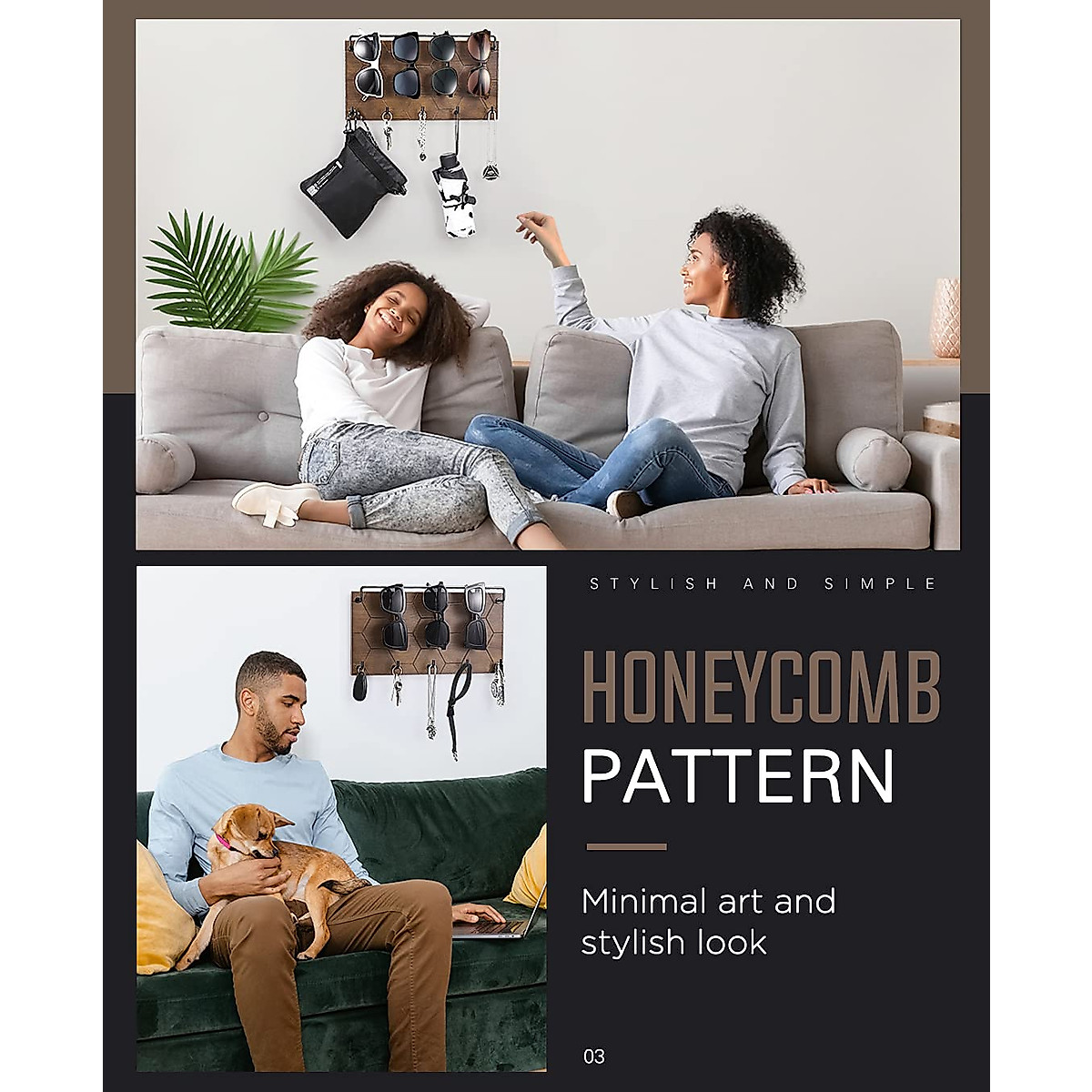 Emibele Sunglass Organizer Wall Key Holder, Decorative Wood Wall Jewelry Organizer Glasses and Sunglass Holder Display with 5 Hooks Key Rack Hanging Eyeglass Storage for Entryway Living Room, Walnut