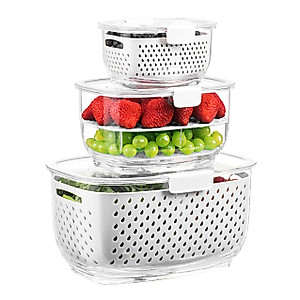 LUXEAR Fresh Produce Vegetable Fruit Storage Containers 3Piece Set, BPA-free, Partitioned Salad Container, Fridge Organizers, Used in Storing Fruits Vegetables, White