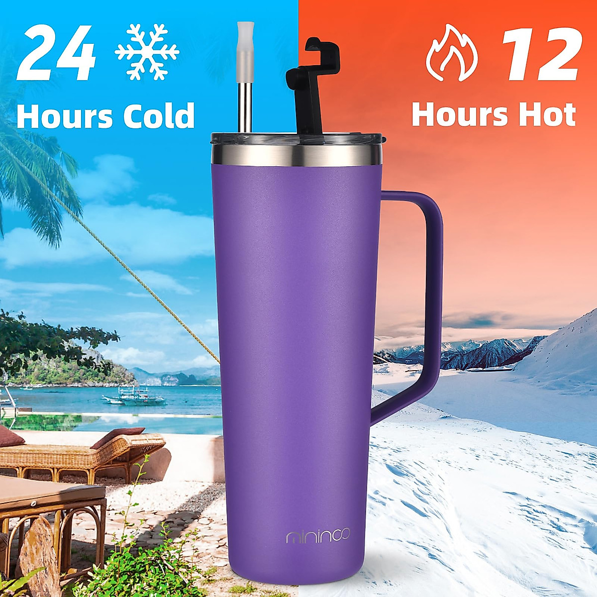 mininoo 24 oz Insulated Tumbler with Handle, Double Wall Vacuum Insulated Coffee Cup with Lid and Straw, Leakproof (Purple)