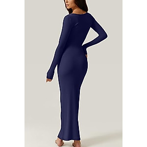 QINSEN Women's Long Sleeve Slip Maxi Dress Sexy Square Neck Ribbed Bodycon Long Dresses Navy Blue S