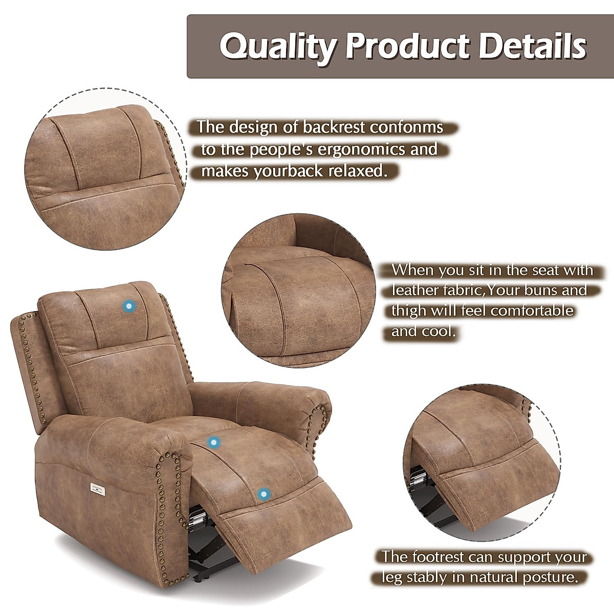 INZOY Electric Power Recliner with Breathable Leather, Classic Electric Reclining Recliner Chair with USB Port, Upholstered Single Sofa Recliner for Living Room Bedroom Home Theater, Brown