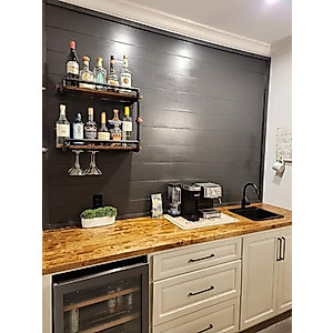 BOTAOYIYI Wine Rack Wall Mounted 2 Tier, Hanging Floating Small Mini Bar Liquor Shelves with Glass Holder Storage Under, Industrial Rustic Pipe Farmhouse Kitchen Decor Black(23.6x10.6x19.7)