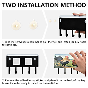 Bulletgxll Rooster and Chicken Key Holder for Wall Mail Organizer Wall Mount with 5 Hooks Acrylic Key Rack for Entryway Kitchen Home Decor