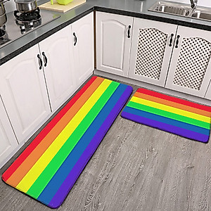 YouTary Gay Pride LGBT Rainbow Flag Pattern Kitchen Rug Set 2 PCS Floor Mats Washable Non-Slip Soft Flannel Runner Rug Doormat Carpet for Kitchen Bathroom Laundry
