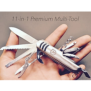 Geralt Pocket Knife 11-in-1 Premium Multi-Tool Heavy Duty Stainless Steel Construction Multi-Function Silver *Survivor Series* With Bottle Opener, Large Folding Knife, Phillips and Flathead Screwdrivers, Saw, Scissors, and More (in Tin or Gift Box)
