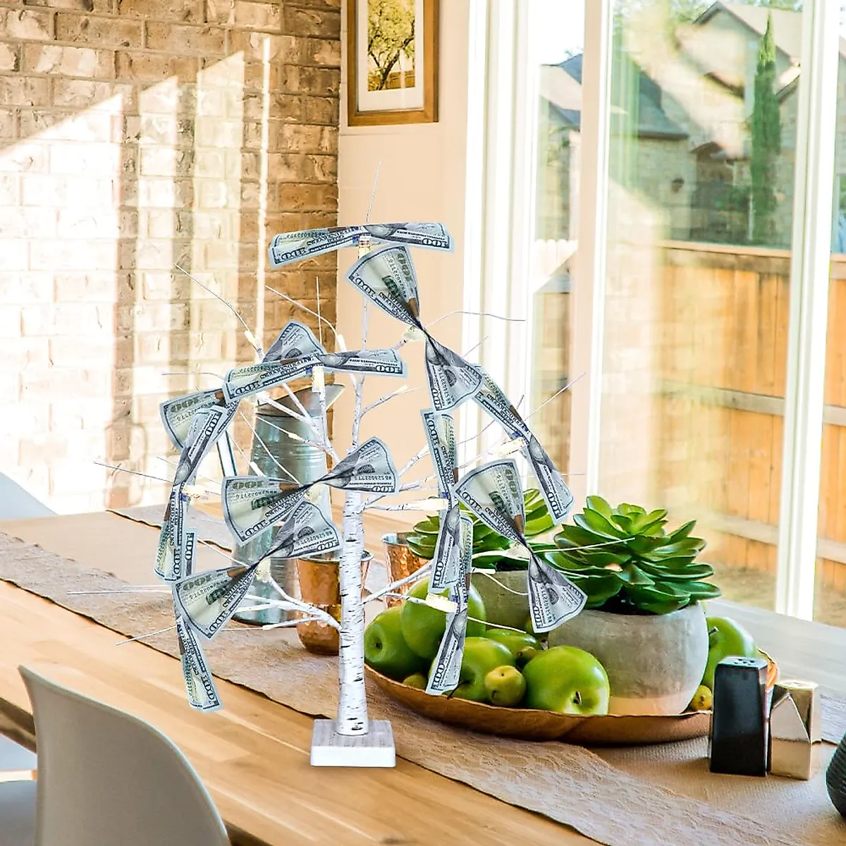 NEEDOMO Money Tree Gift Holder, 24" 2FT Lighted Birch Trees with LEDs, Battery Powered Timer with 12 Clear Clips Card, for Christmas, Lottery Ticket, Memo, Birthday, Wedding, Photo, Graduation (White)