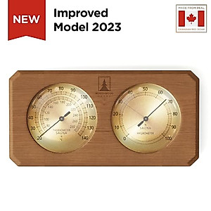 NORTHWOOD Sauna Thermometer & Hygrometer 2 in 1 - Handmade from Canadian Red Cedar Wood - Luxurious Glass and Golden Metal Dials