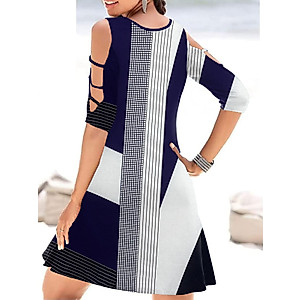 Women's Summer Short Sleeve 2025 Floral Hollowed Out Cold Shoulder Knee Length Floral Loose Swing Casual Beach Cover Up Dresses with Pockets L