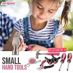Hi-Spec 18pc Pink Kids Tool Kit Set & Child Size Tool Bag. Real Metal Hand Tools for DIY Building, Woodwork & Construction