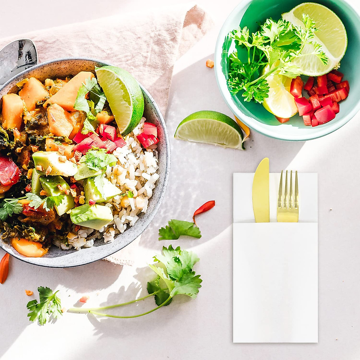 KAMMAK White Dinner Napkins Disposable with Pocket 100 Pack Wedding Reception Paper Napkins Guest Hand Towels Soft Absorbent Party Napkins for Decoration, Bathroom, Kitchen (16.5 X 16.5 inch)