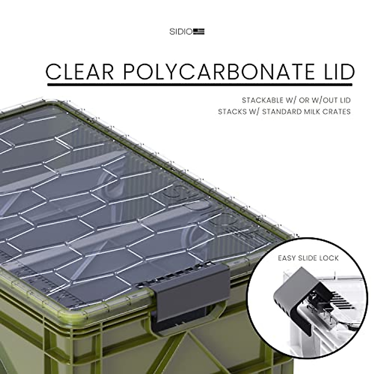 SIDIO CRATE Pro Pack - Two Full Size and One Half Size SidioCrate, Stackable Outdoor Organizer Storage Bins with Clear Lid and Dividers - Green