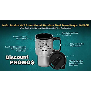 Personalized 14oz Travel Mugs Stainless Steel - 10 Pack - Custom Text, Logo - Stainless Steel
