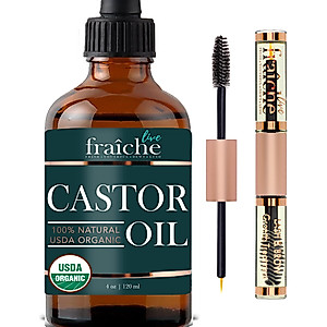 Organic Castor Oil (4oz) + Filled Mascara Tube, 100% USDA Pure, Cold Pressed, Hexane Free Lash Serum by Live Fraiche - Hair Growth Oil for Eyelashes, Eyebrows, Hair - Brow and Hair Treatment Oil