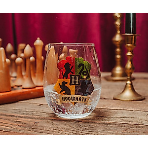 Silver Buffalo Harry Potter Hogwarts Crest 20-Ounce Stemless Wine Glass | Wizarding World Tumbler Cup For Mimosas, Cocktails