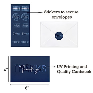 100 Thank You Cards with Envelopes and Stickers - 4 Unique Navy Blue Designs Bulk Blank Notes Luxury UV Printing for Business, Formal and All Occasions 4x6 Inch Blank Inside