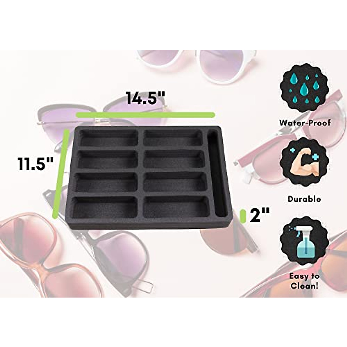 Polar Whale Sunglasses Drawer Organizer Tray Insert for Home Bedroom Bathroom Vanity Dresser Counter Table Waterproof Washable Black Foam 6 Compartment 11.5 x 14.5 Inches