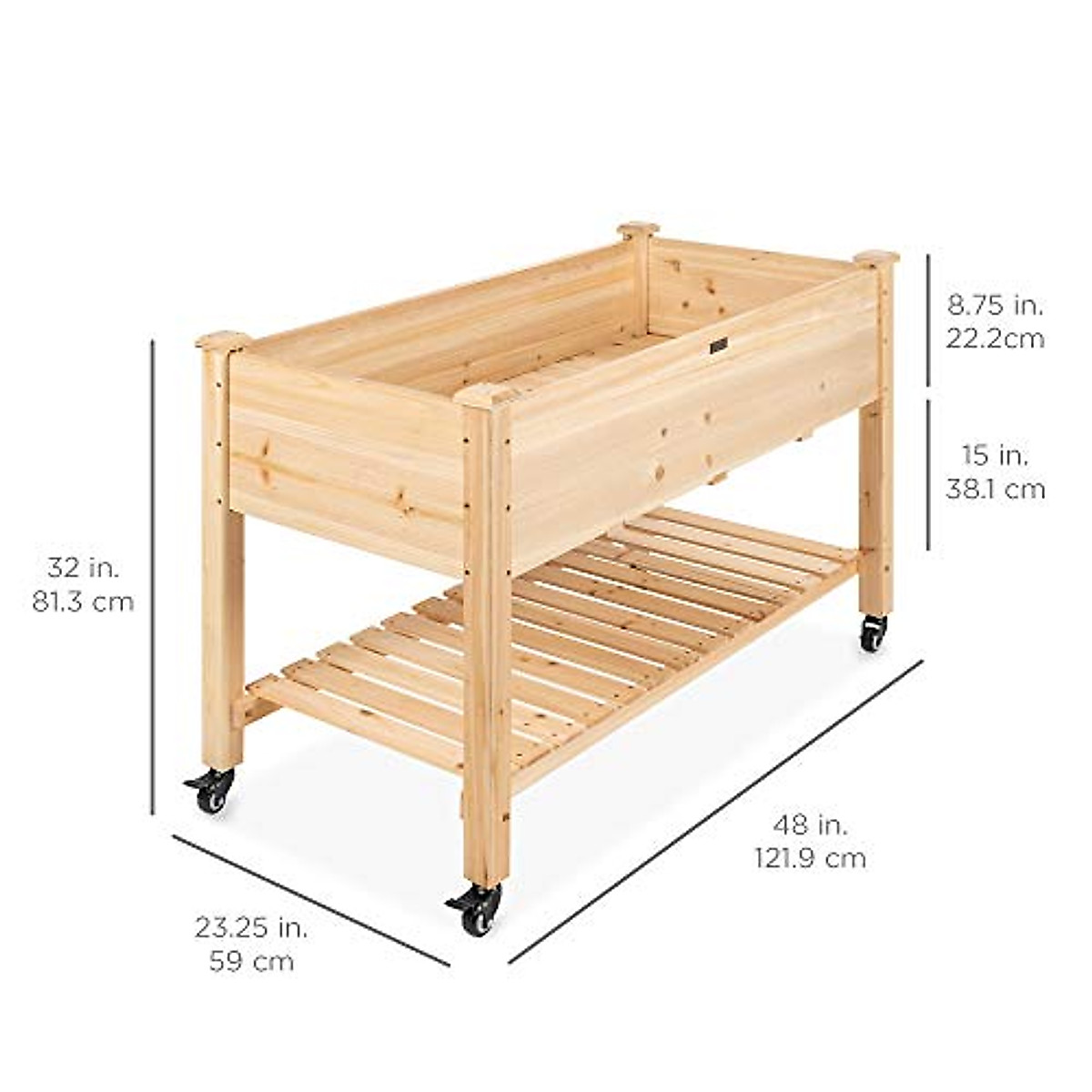 Best Choice Products Raised Garden Bed 48x24x32-inch Mobile Elevated Wood Planter w/Lockable Wheels, Storage Shelf, Protective Liner - Natural