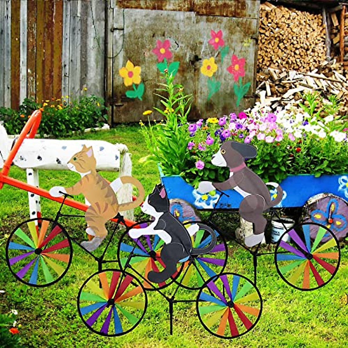 DAADUN Animal Bike Wind Spinner,3pcs 3D Cat Dog Animal Riding Bicycle Windmills Animal Pinwheels for Garden, Yard, Lawn, Whirligig Stake Decoration
